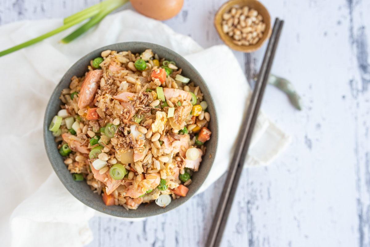 Salmon and pine nut fried rice
