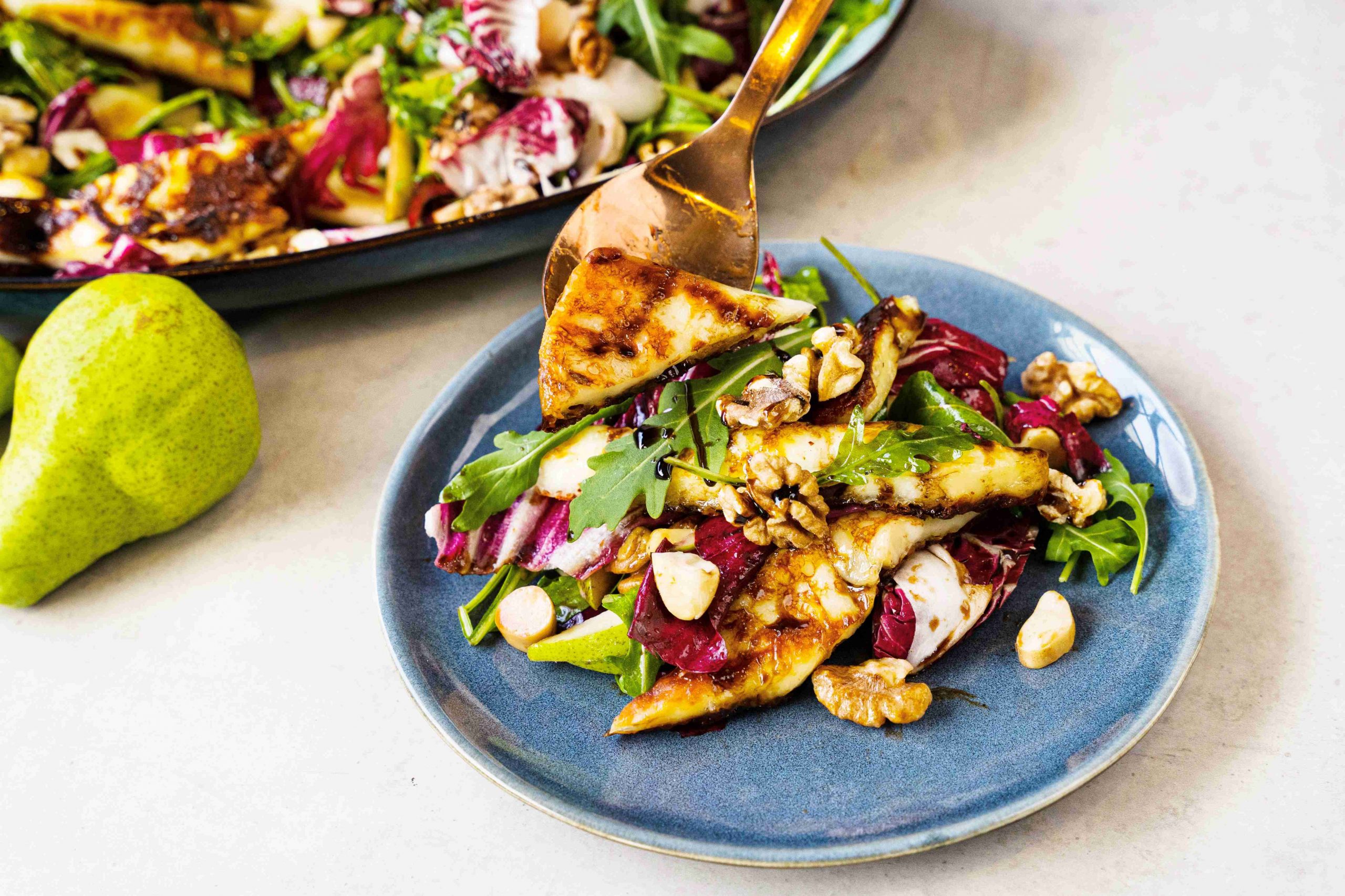 Haloumi salad with radicchio, pear, Brazil nuts and walnuts