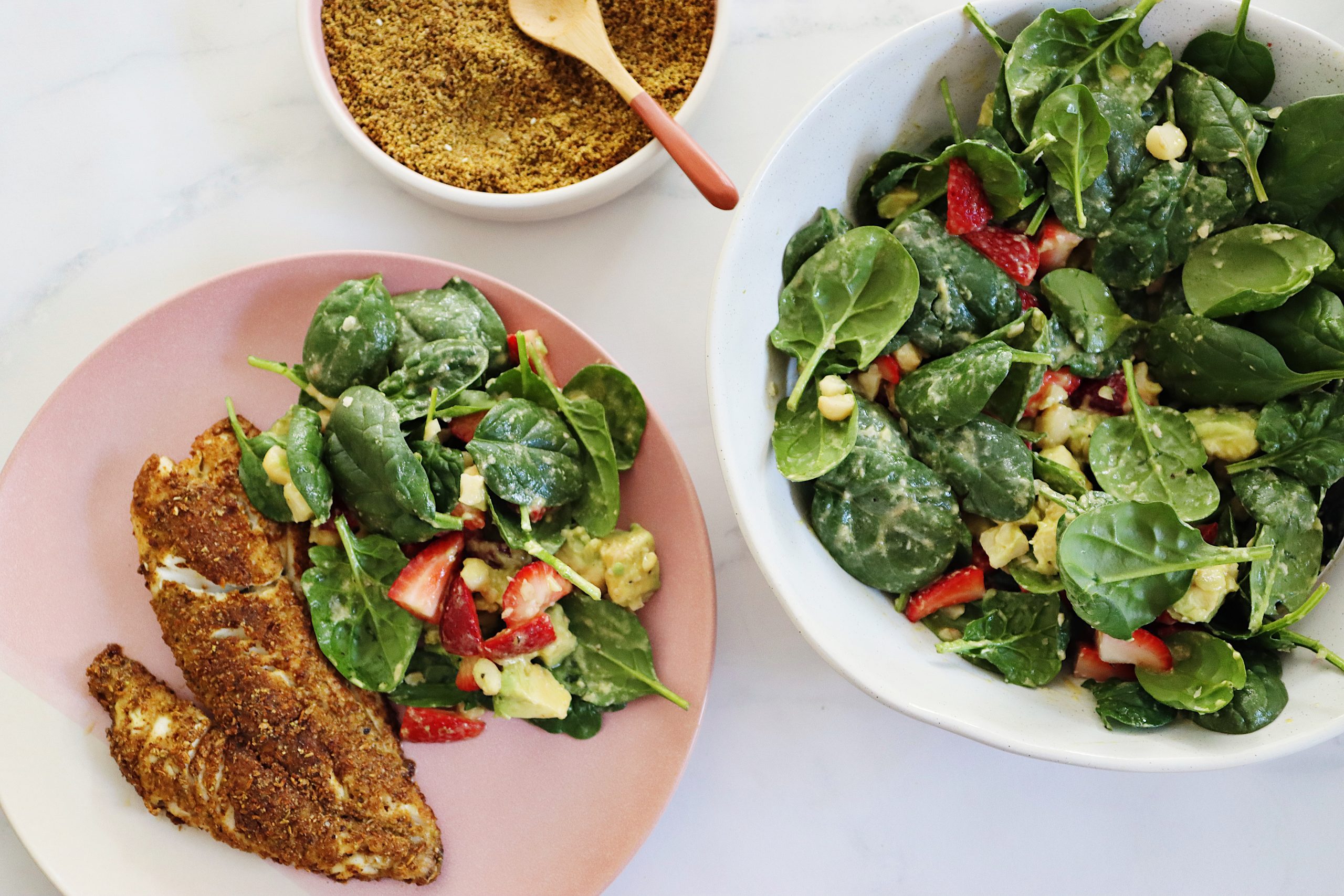 Pistachio dukkah-crusted snapper with avocado, strawberry and macadamia ...